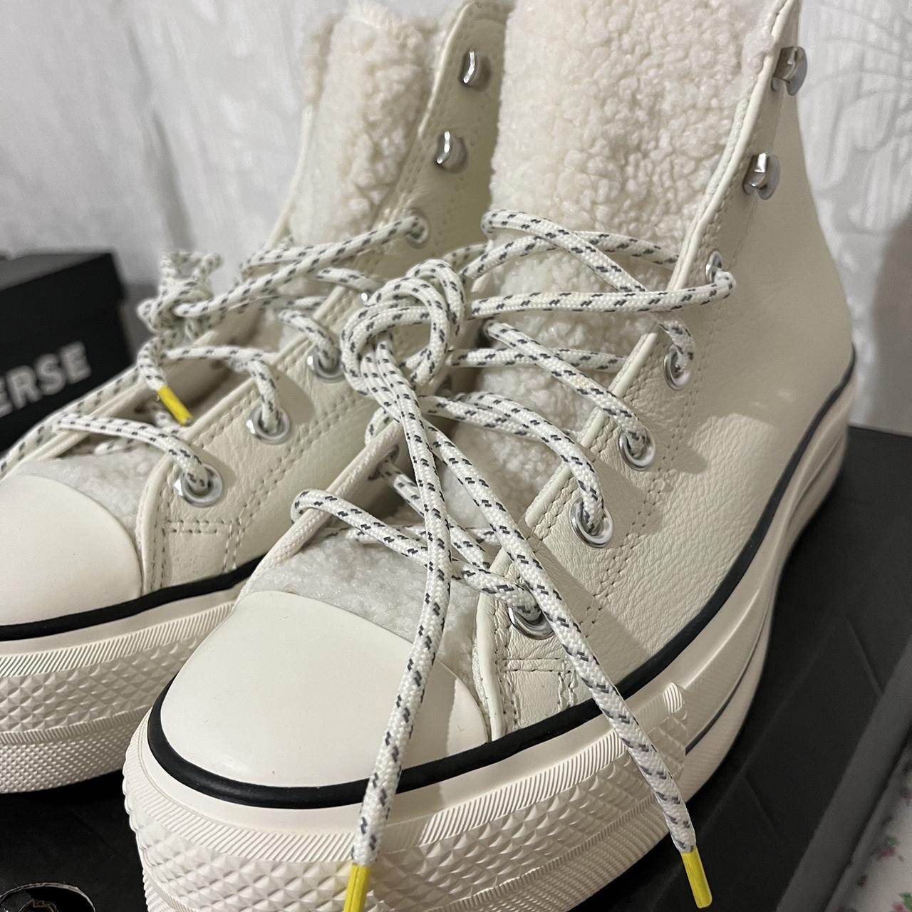 White leather Converse with fluffy tongue . Brand... - Depop