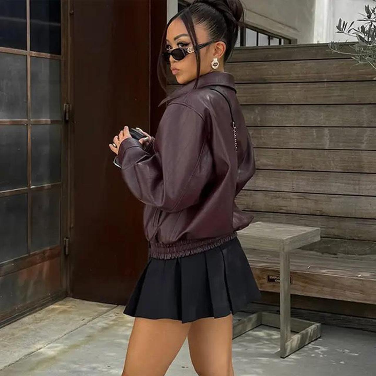 Burgundy dark red Leather jacket shacket. Zip up... - Depop