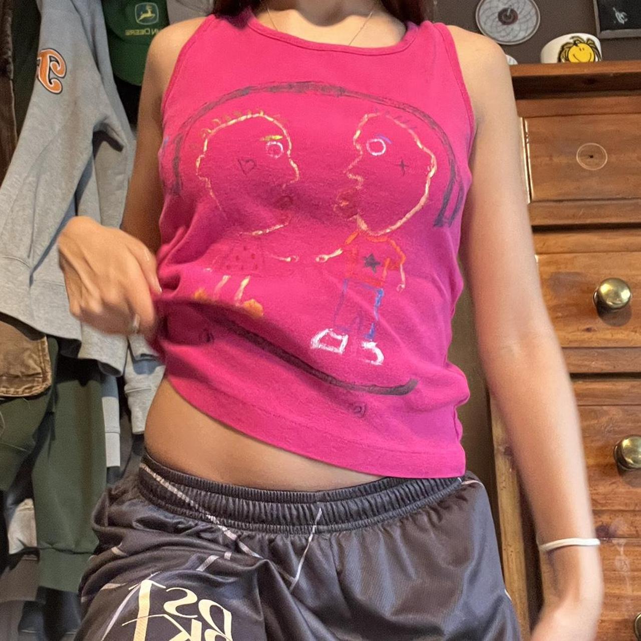 vintage hand painted tank top pink retro y2k sporty... - Depop