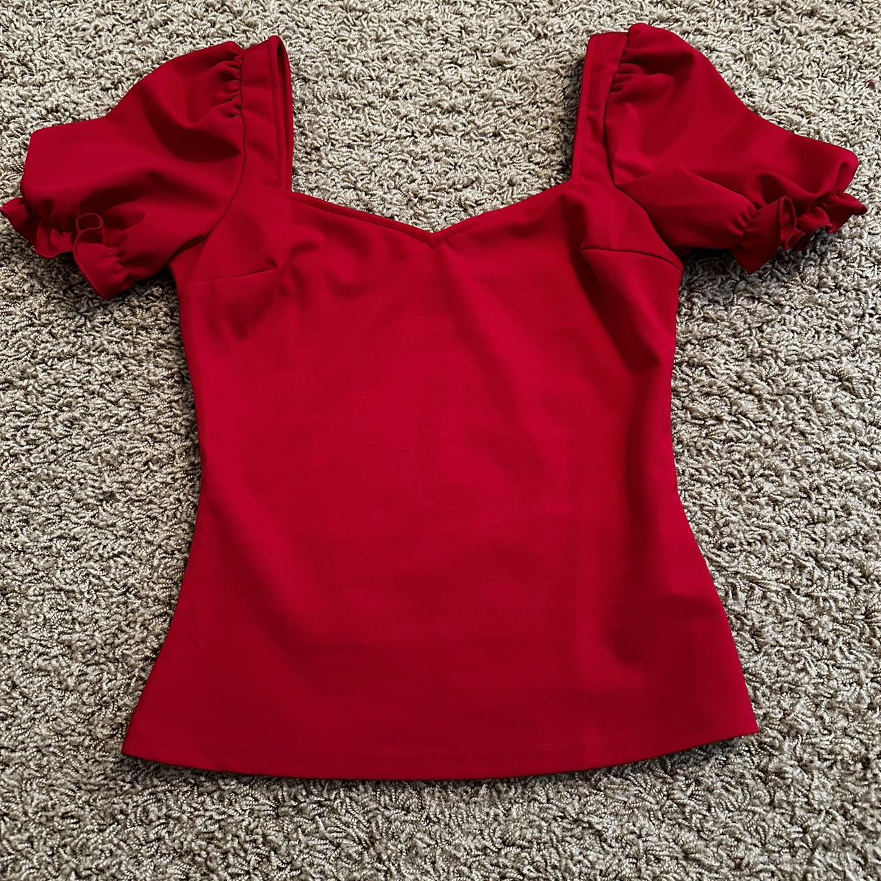 shein red puff sleeve top never worn very cute just... - Depop