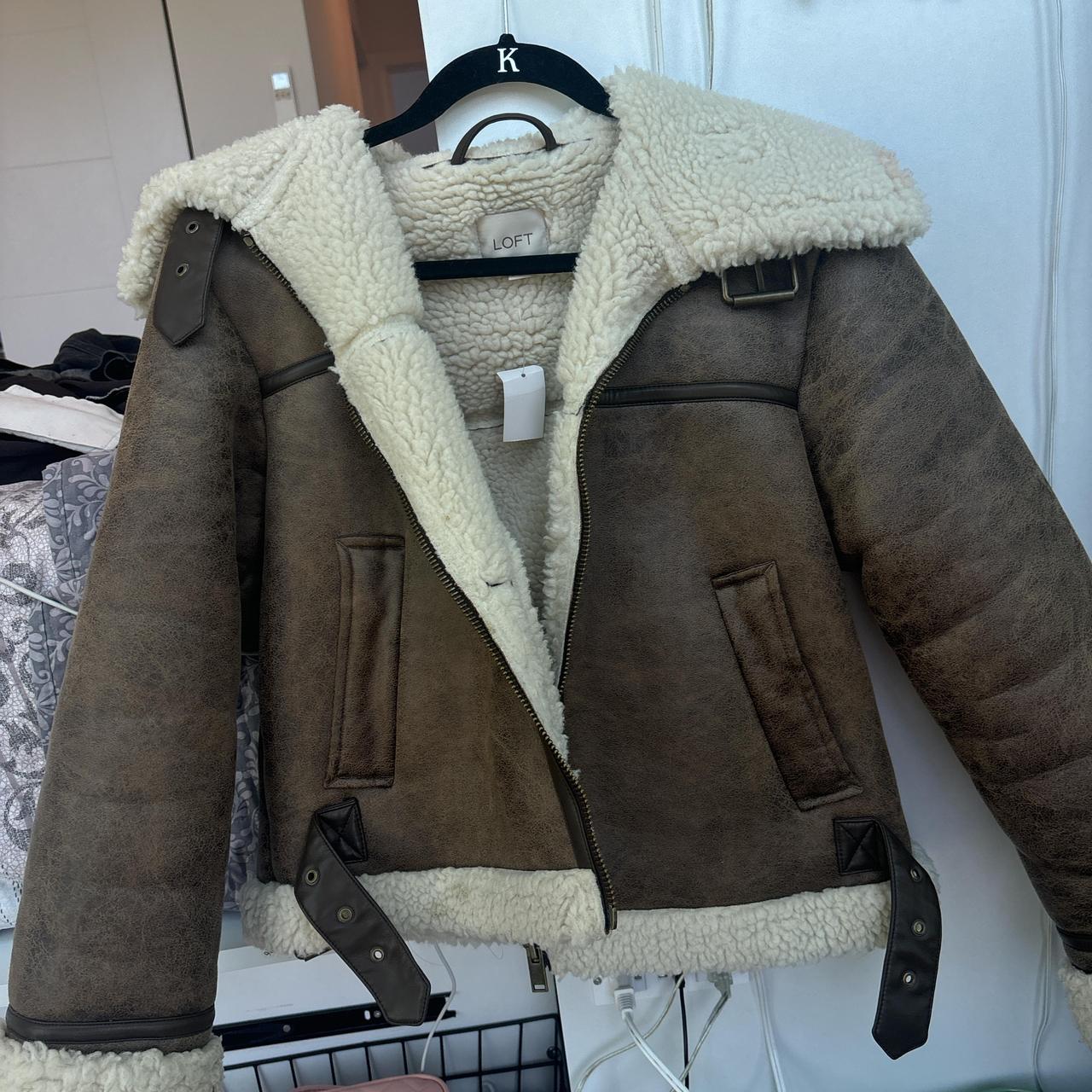 Brown and cream aviator jacket #aviatorjacket - Depop