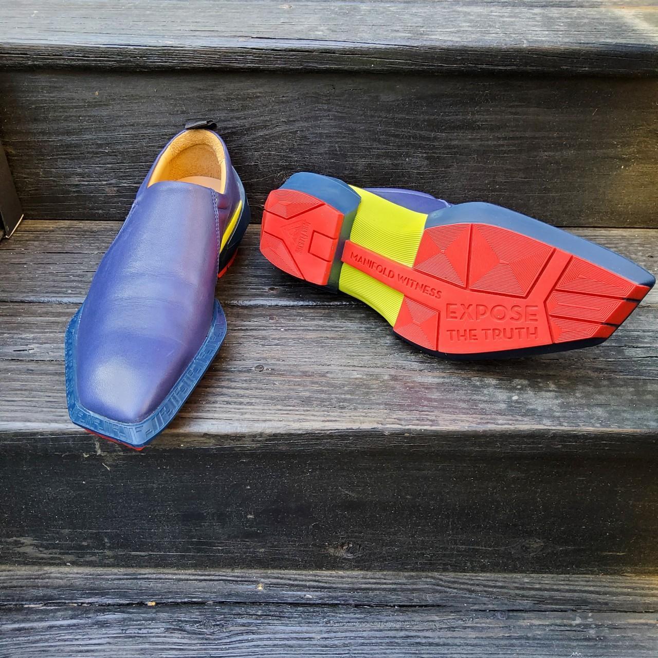 John Fluevog slip on shoes Blue leather with rubber... | Depop