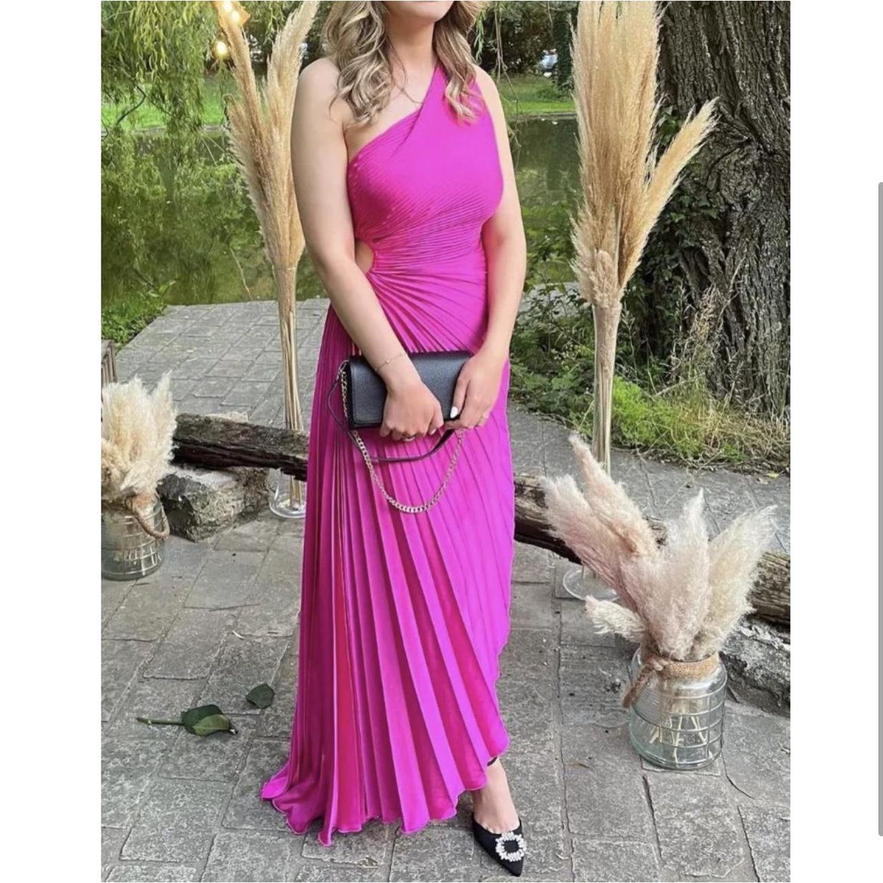 MANGO Pink Pleated Asymmetrical Dress Fuchsia Pink... - Depop