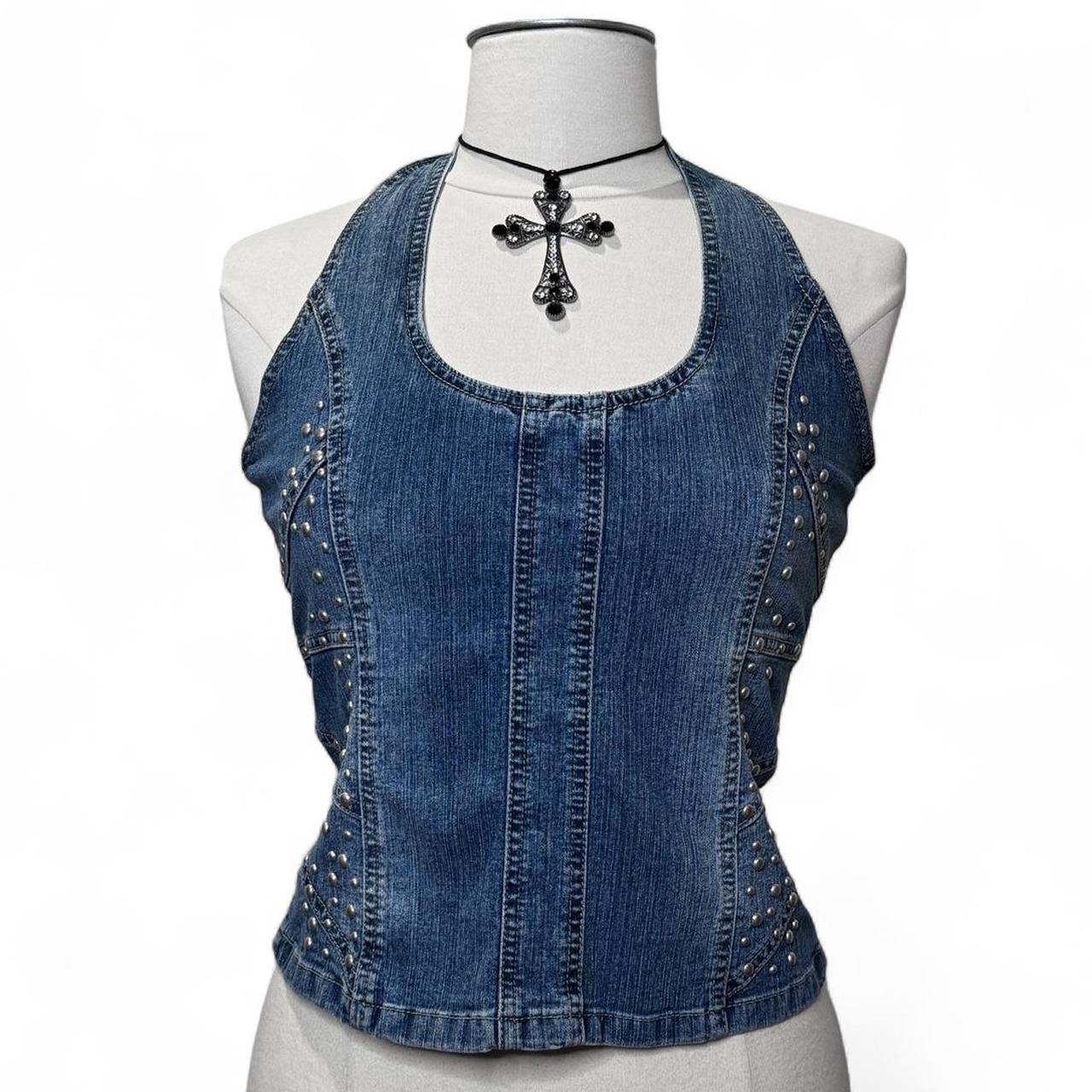 Blue denim halter top with silver studded sides Ptp... | Depop
