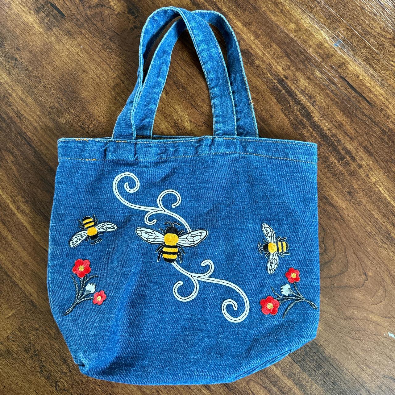 Small denim bag with bee embroidery - Depop