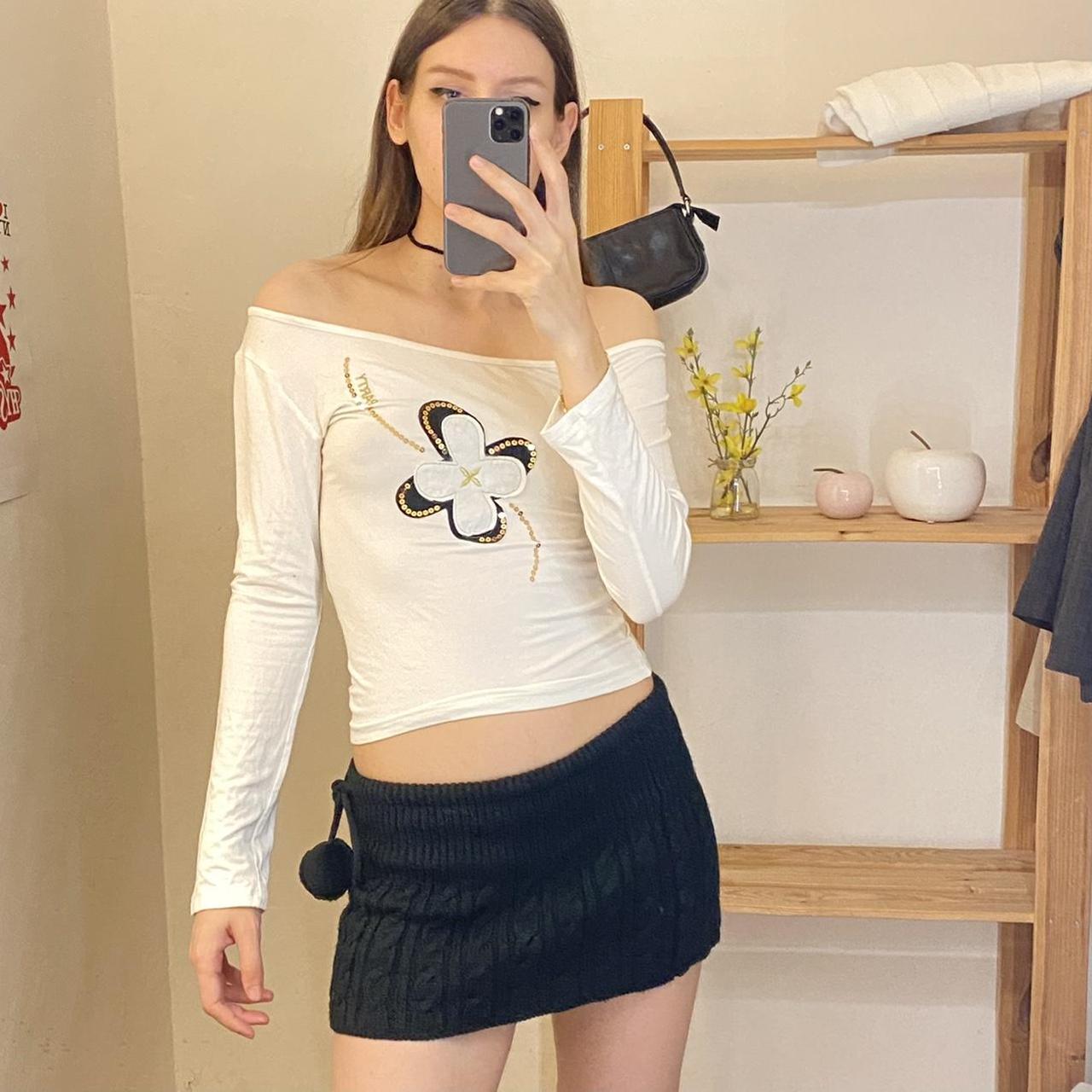 White vintage 90s off the shoulder long sleeve top... - Depop