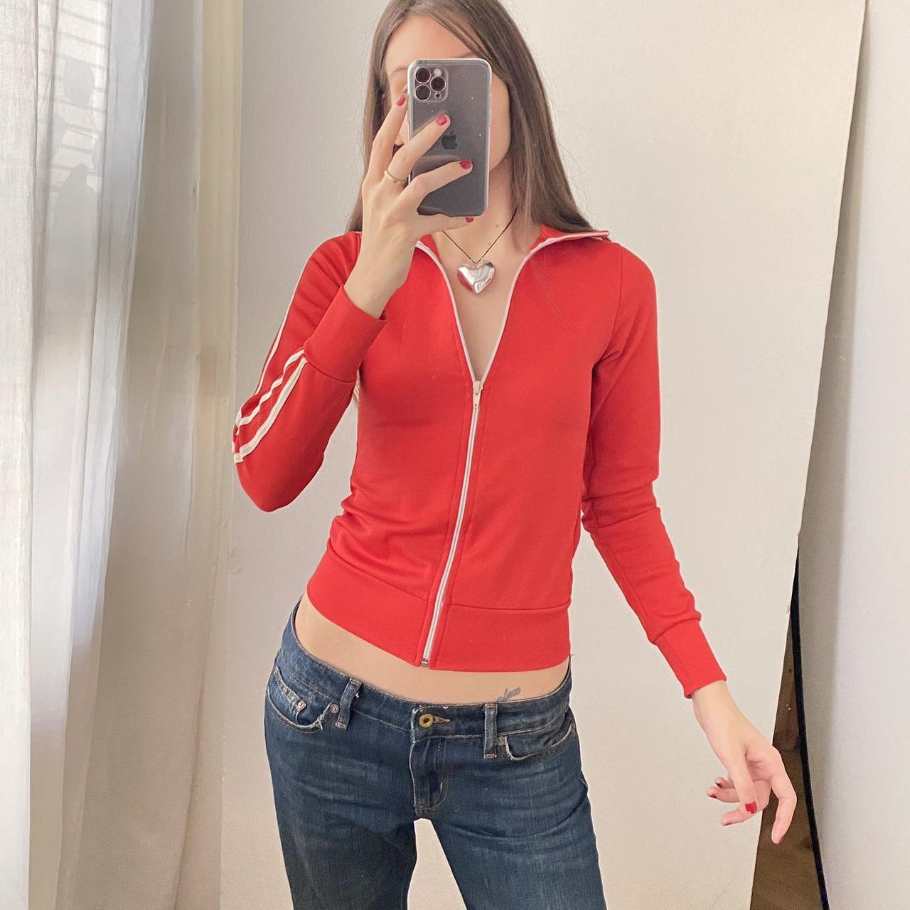 Vintage red tight fitting retro zip up top Size XS.... | Depop