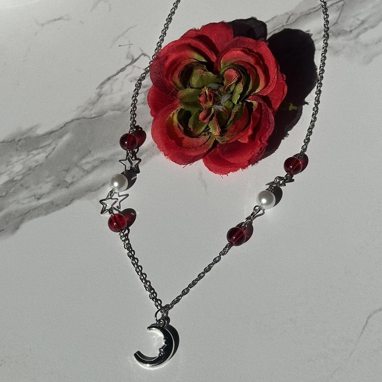 Red and silver gothic moon necklace with pearls... - Depop