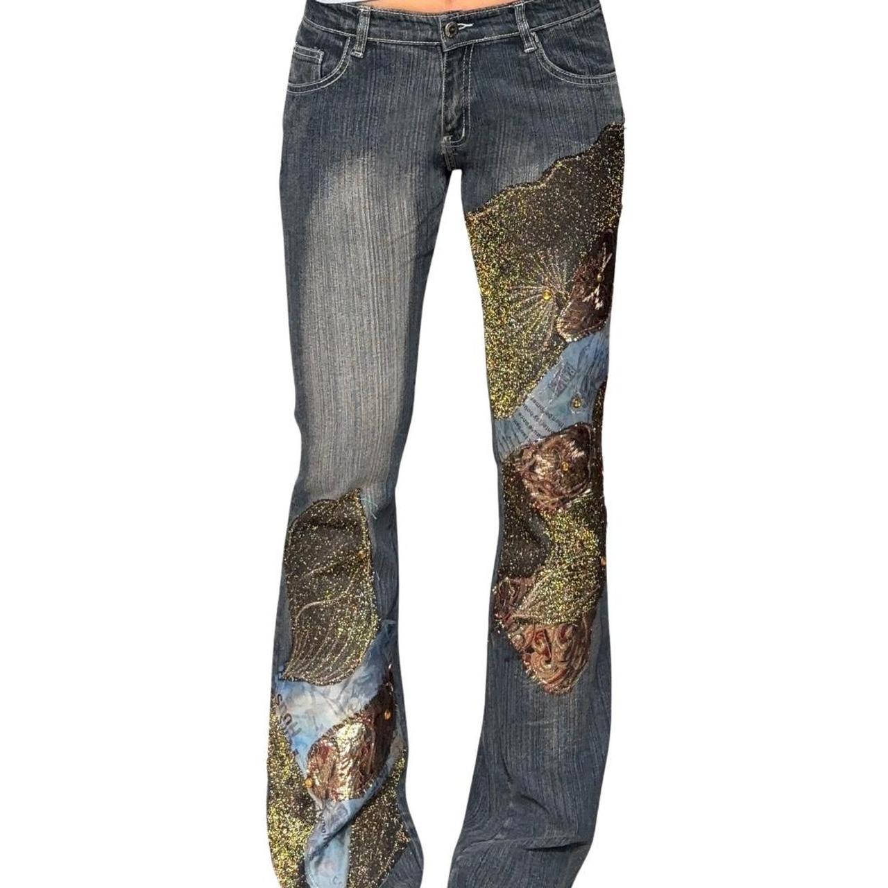 Unique embroidered low rise / low waisted flare... - Depop