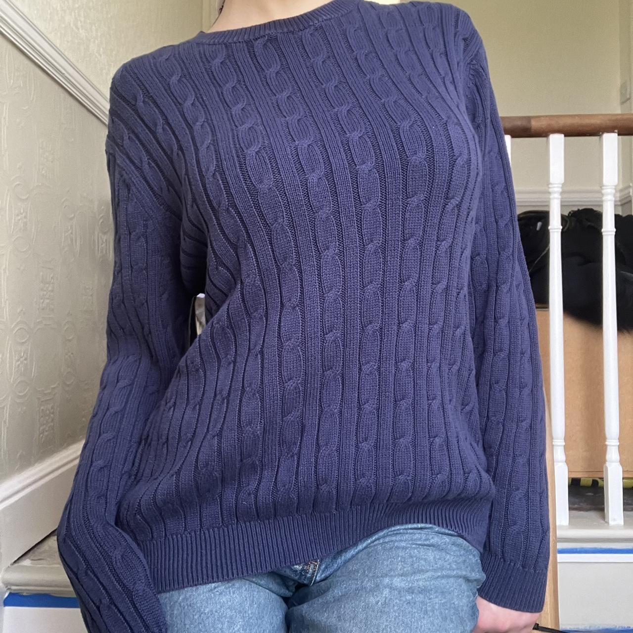 gorgeous navy blue cable knit crewneck sweater... - Depop