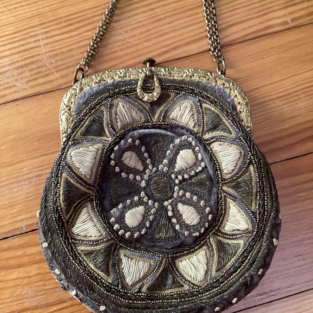 Vintage hand purse, embroidered, metal chain and... - Depop