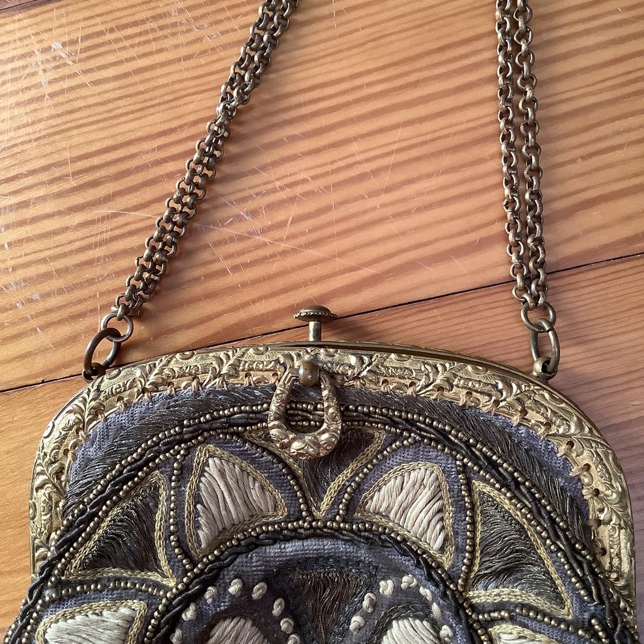 Vintage hand purse, embroidered, metal chain and... - Depop