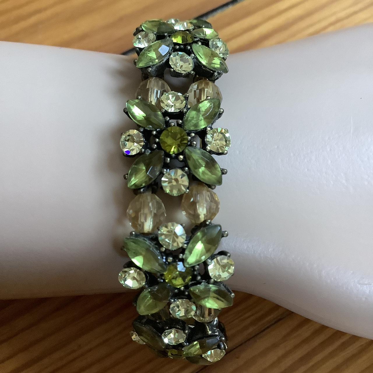 Vintage Green Rhinestones Flowers Elasticized Bracelet - Depop