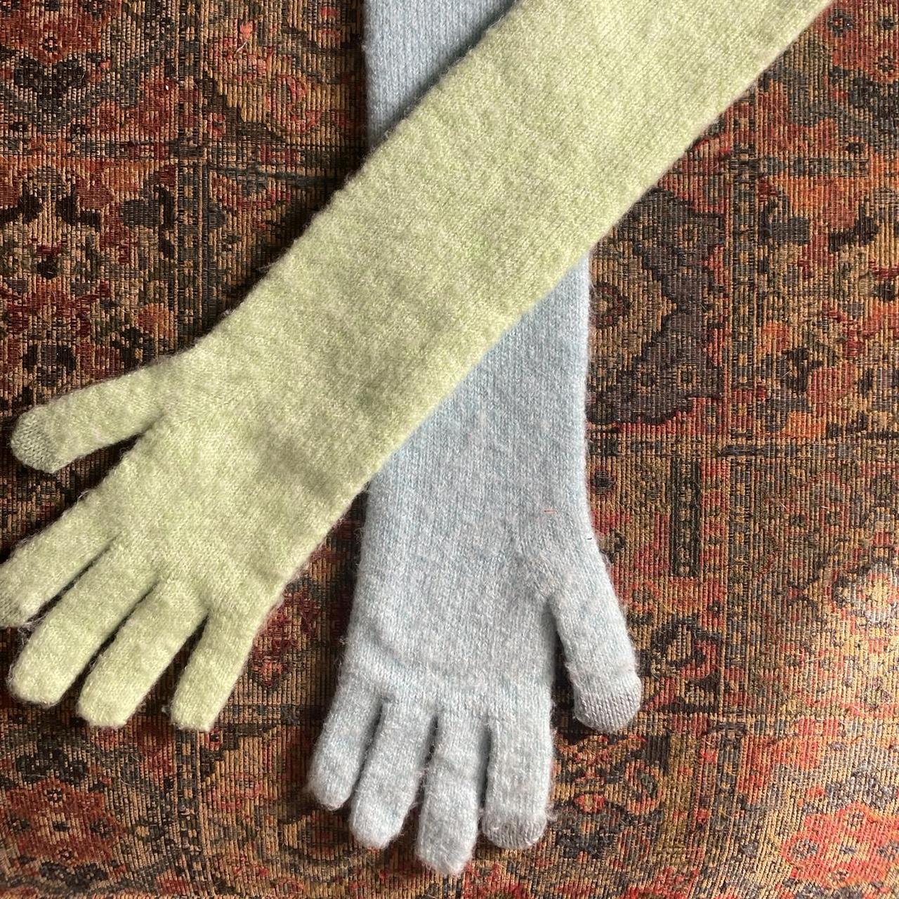 -mismatched blue and yellow long gloves -soft... - Depop