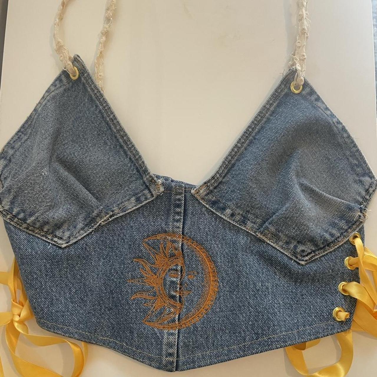 gorgeous handmade embroidered denim top. With lace... - Depop