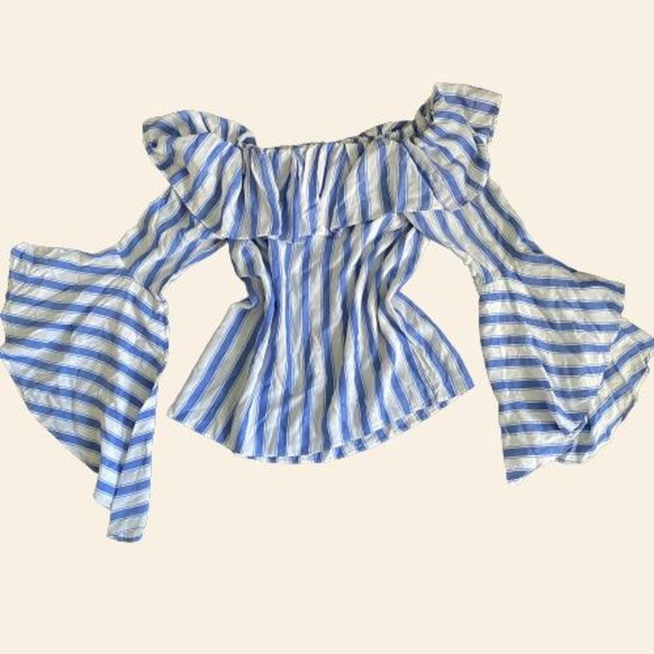 Gianni Bini Blue Striped Off the Shoulder Top... - Depop