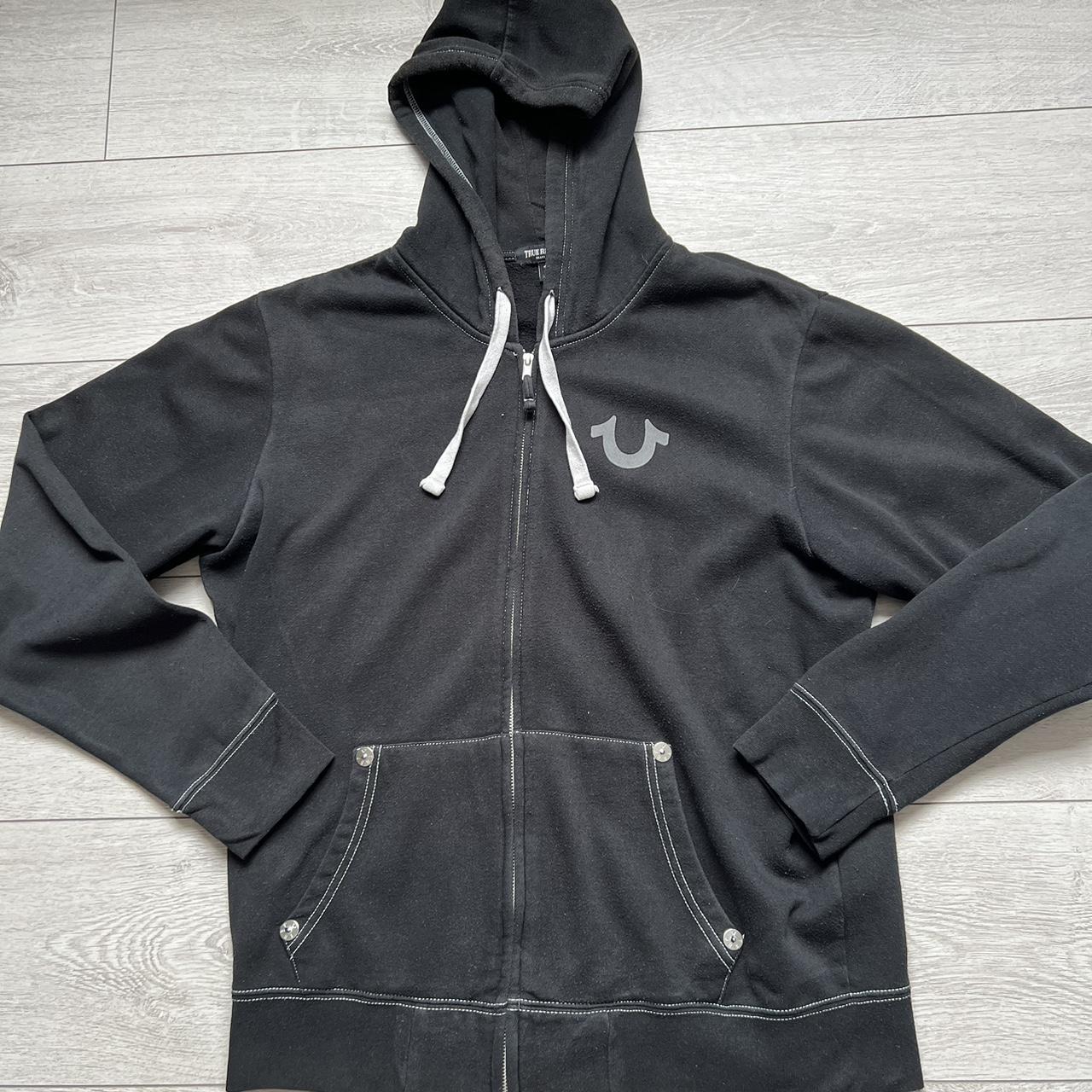 Black True Religion Jacket with white stitching... - Depop