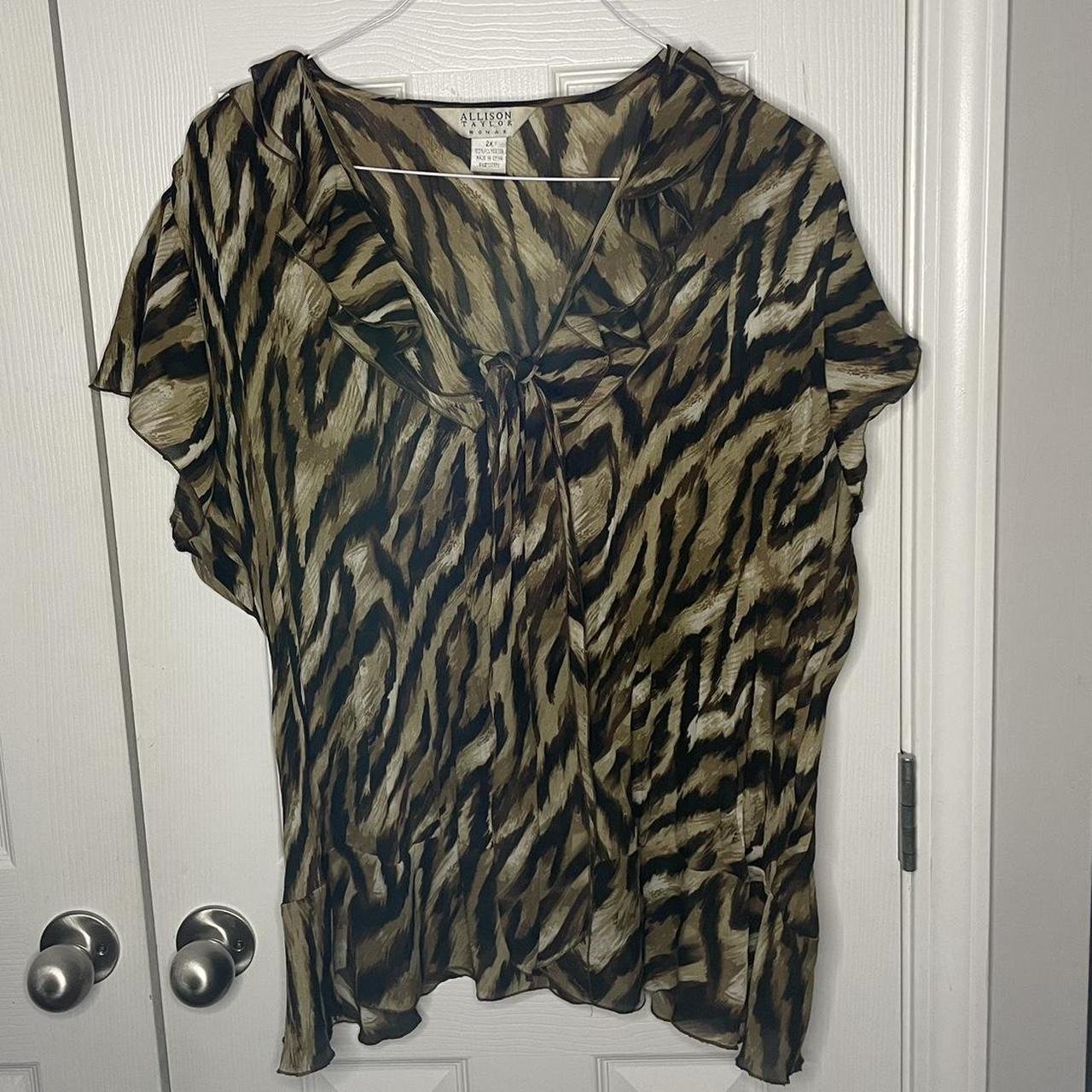 Vintage Allison Taylor tiger print top with a frilly... - Depop