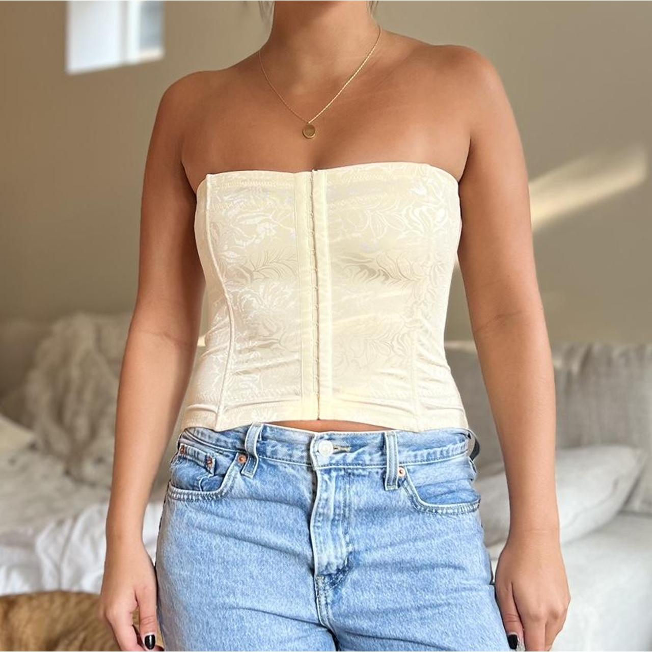 Cream Strapless Corset Talk -dainty floral... - Depop