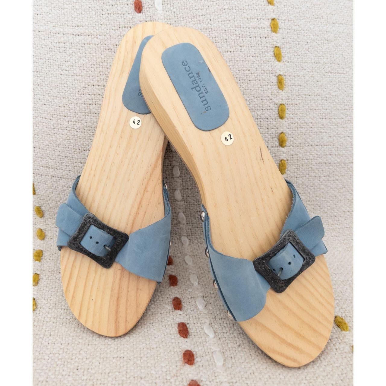 Sundance Blue Leather Sandal Slides with Buckle and... - Depop