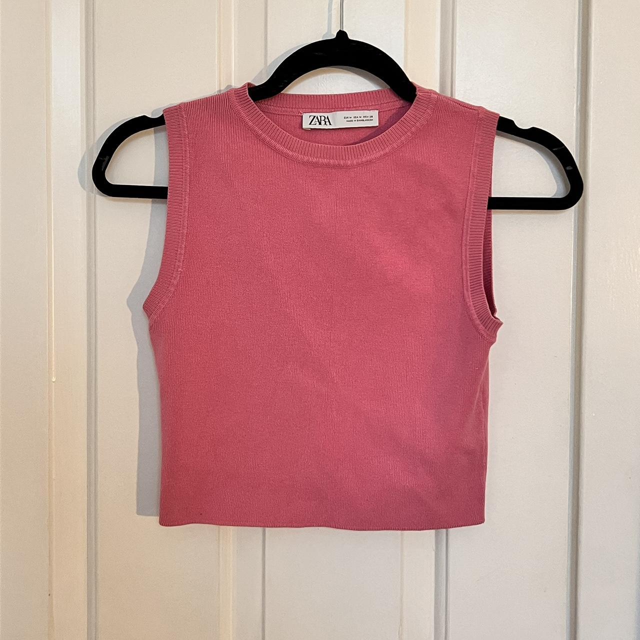 medium cropped pink knit tank vest jumper from zara.... - Depop
