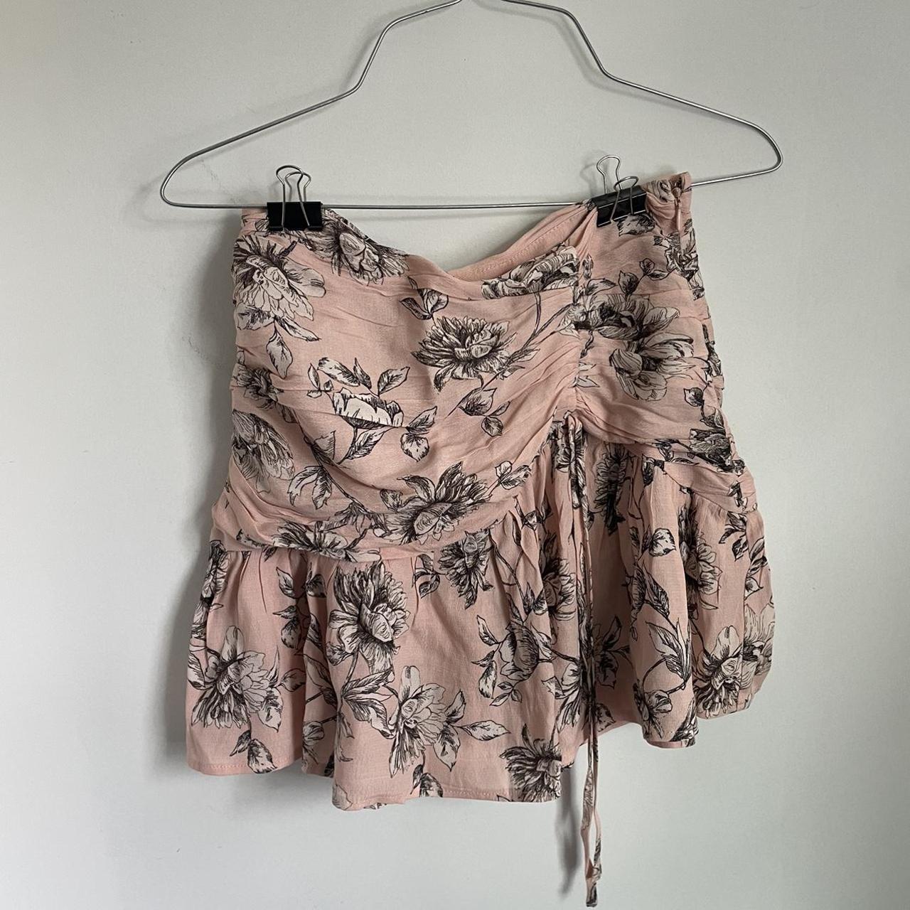 Pink flowy skirt with flower pattern with string... - Depop