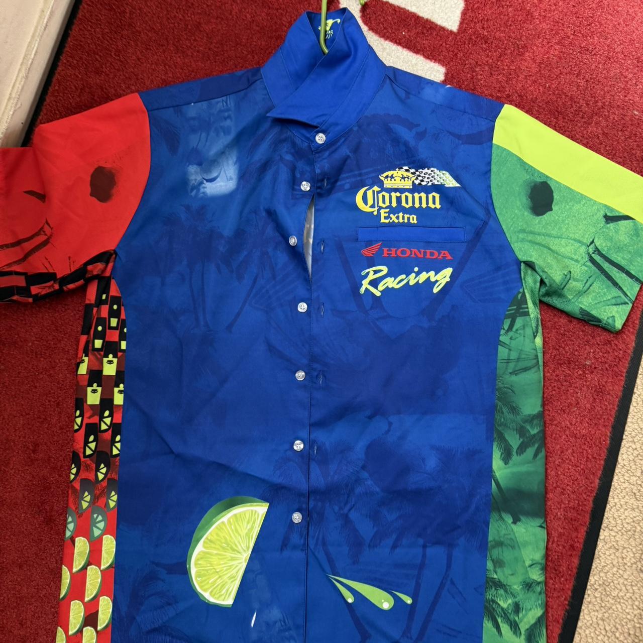 Blue and green vintage racing shirt Corona Size... - Depop