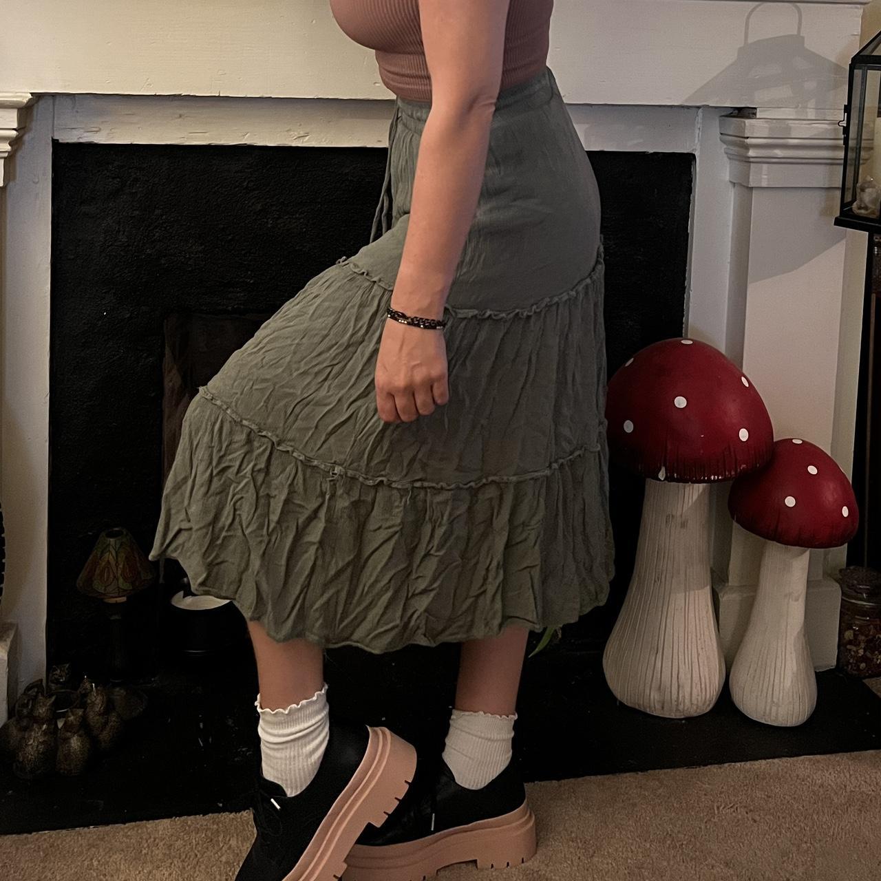 flowy green tiered skirt medium but fits more like a... - Depop