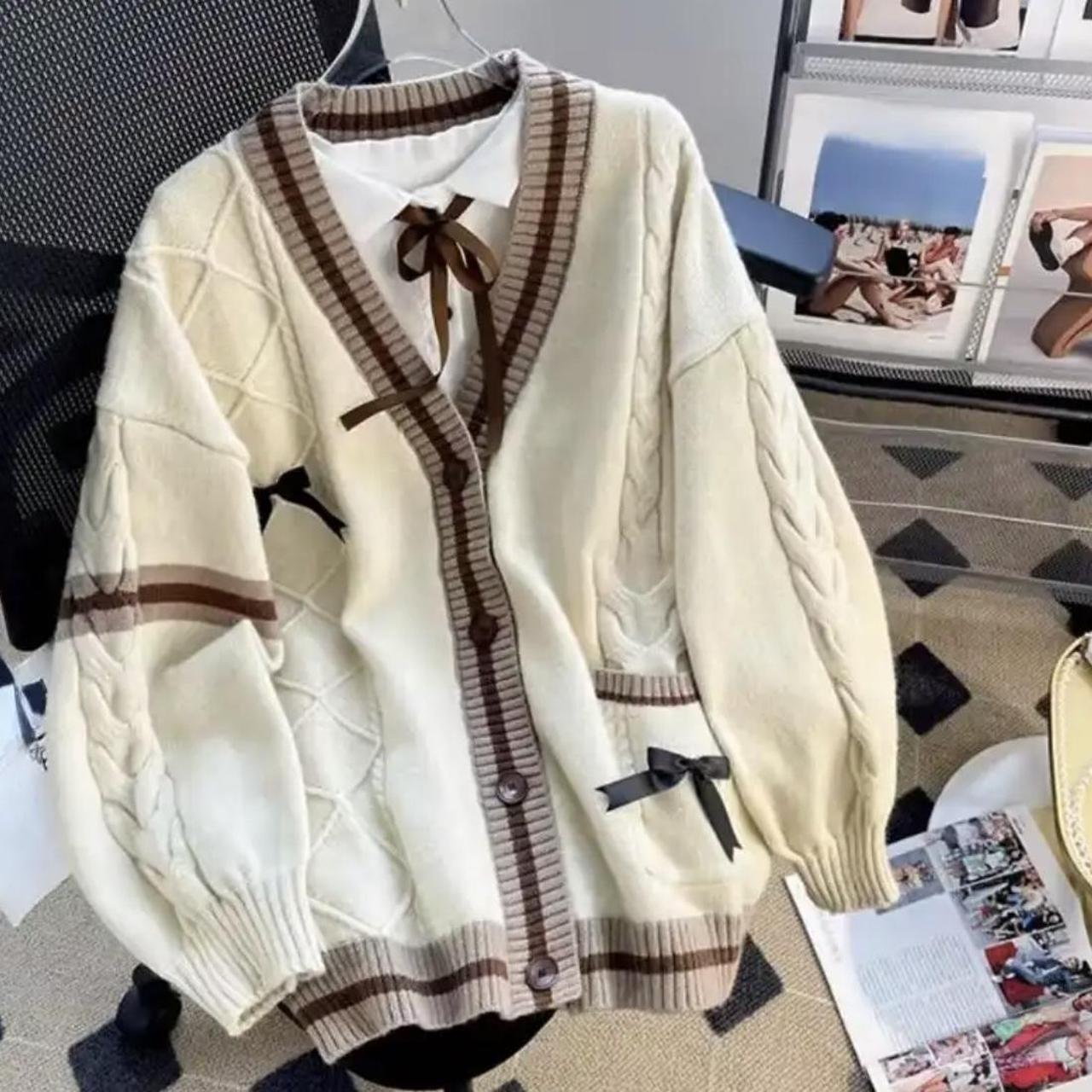 Knitted Preppy Ribbon Cardigan 🎀 Soft Girl Aesthetic - Depop