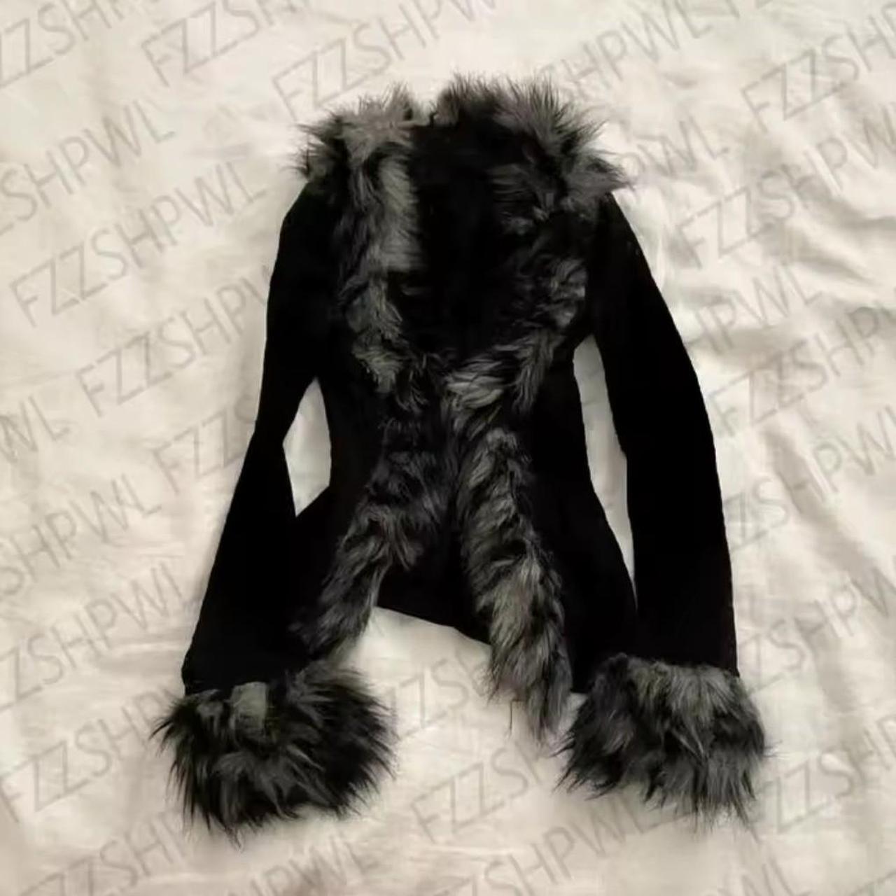 Black faux fur jacket with grey accents #goth... | Depop