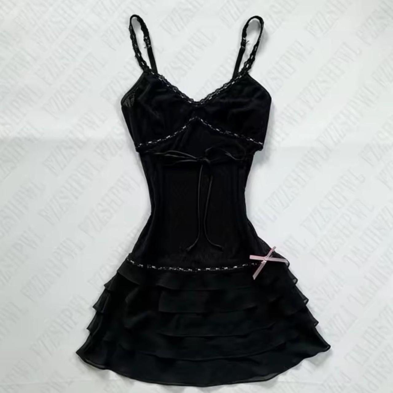 Black mesh lace cami top with pink ribbon bow #goth... | Depop