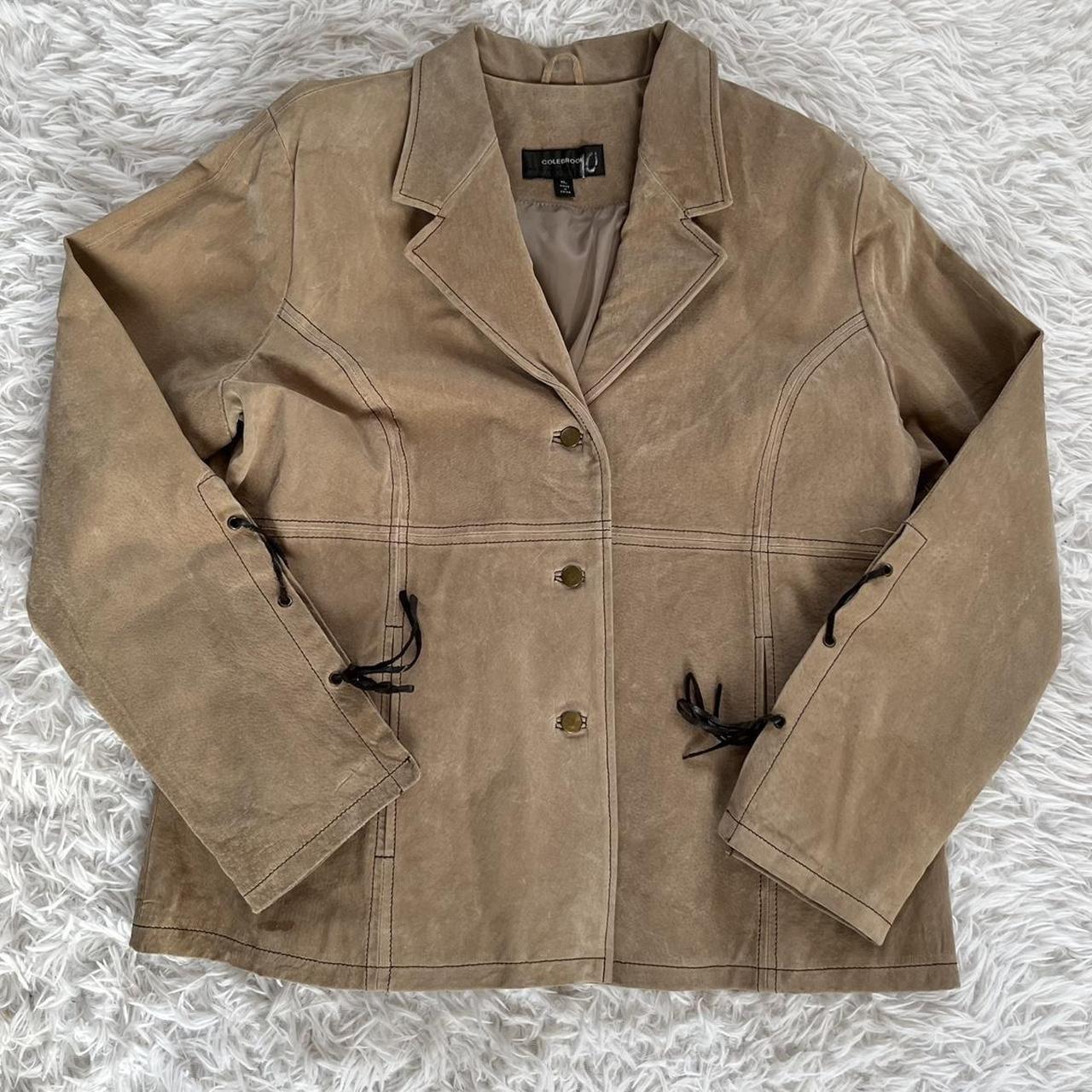 tan leather blazer jacket! has lace up details on... - Depop