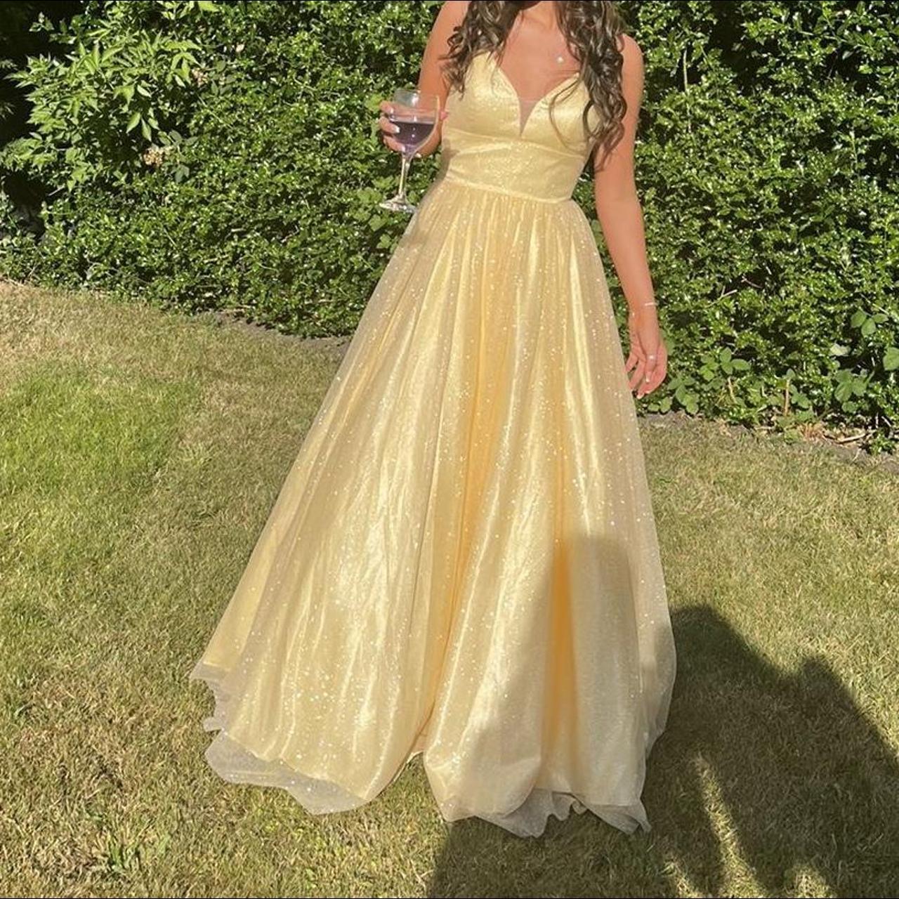 Yellow sparkly prom dress, lace up back(size... - Depop