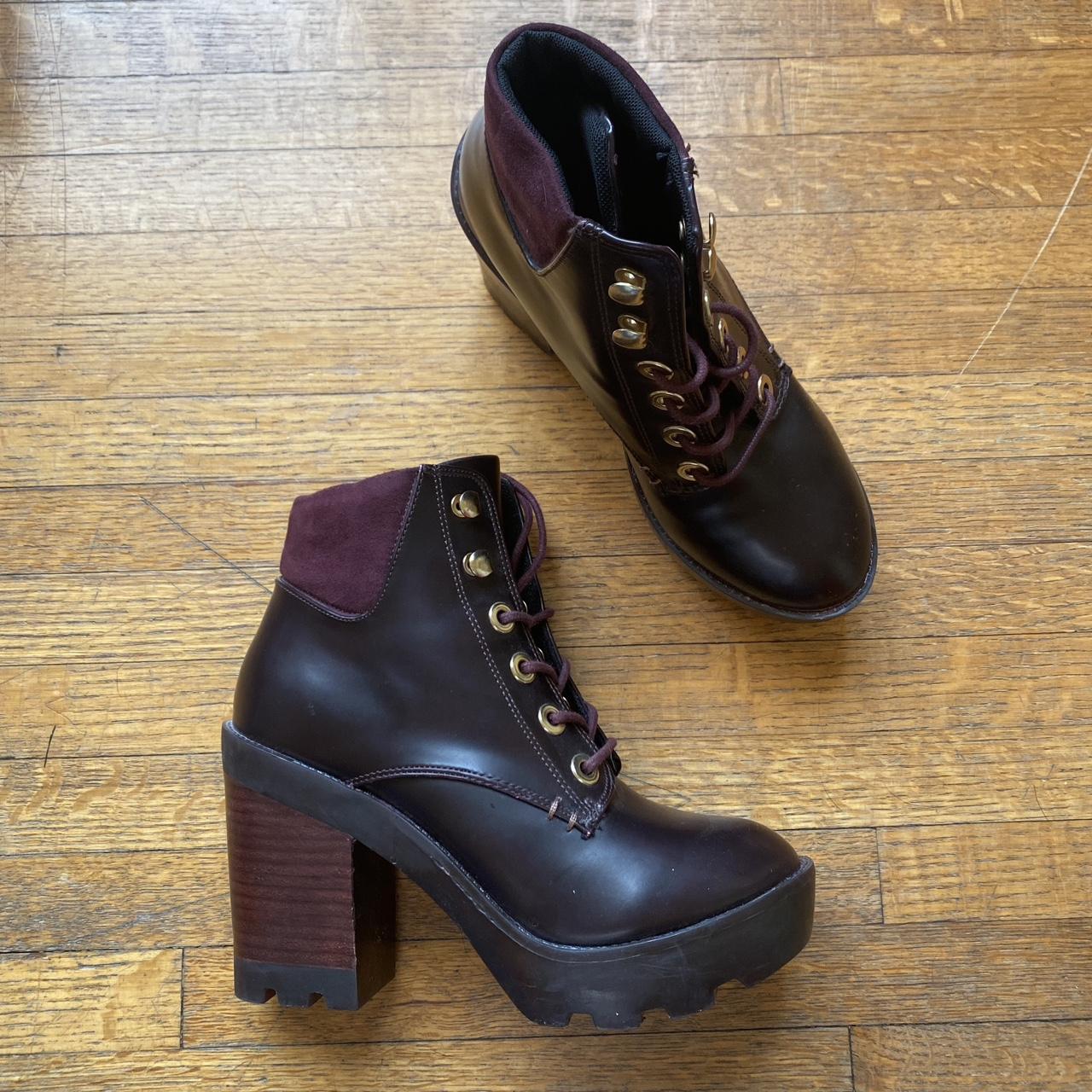 ALDO burgundy lace up heeled booties -gold... - Depop