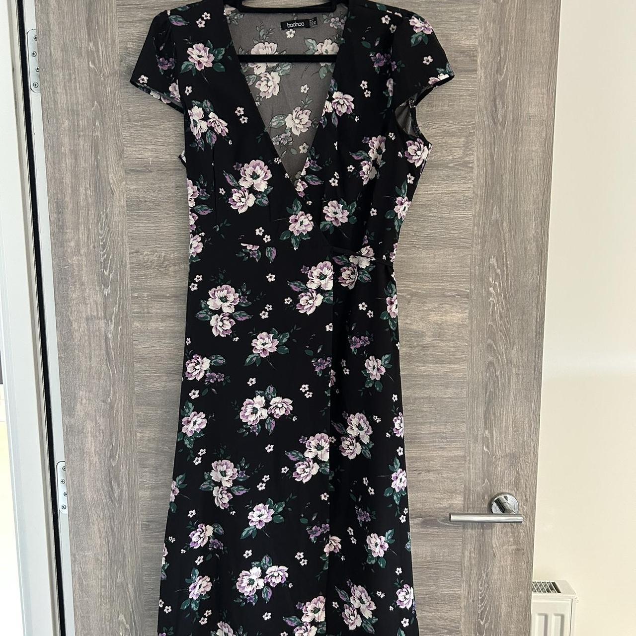 Boohoo black floral wrap midi dress. Only worn once.... - Depop