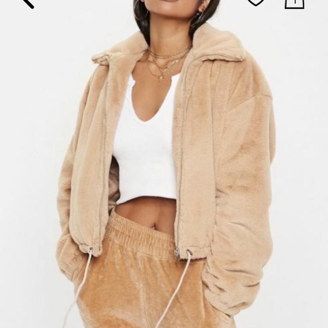 Tan/Beige faux fur missguided bomber jacket - size... - Depop