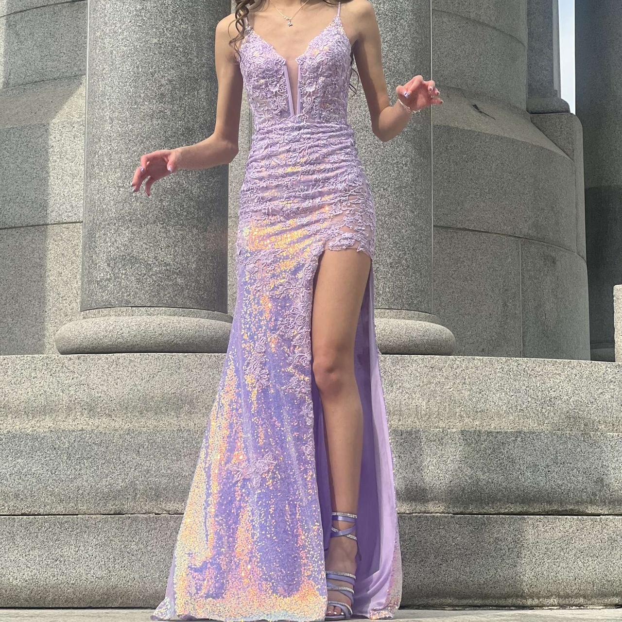 lilac sequin prom dress worn once, in perfect... - Depop