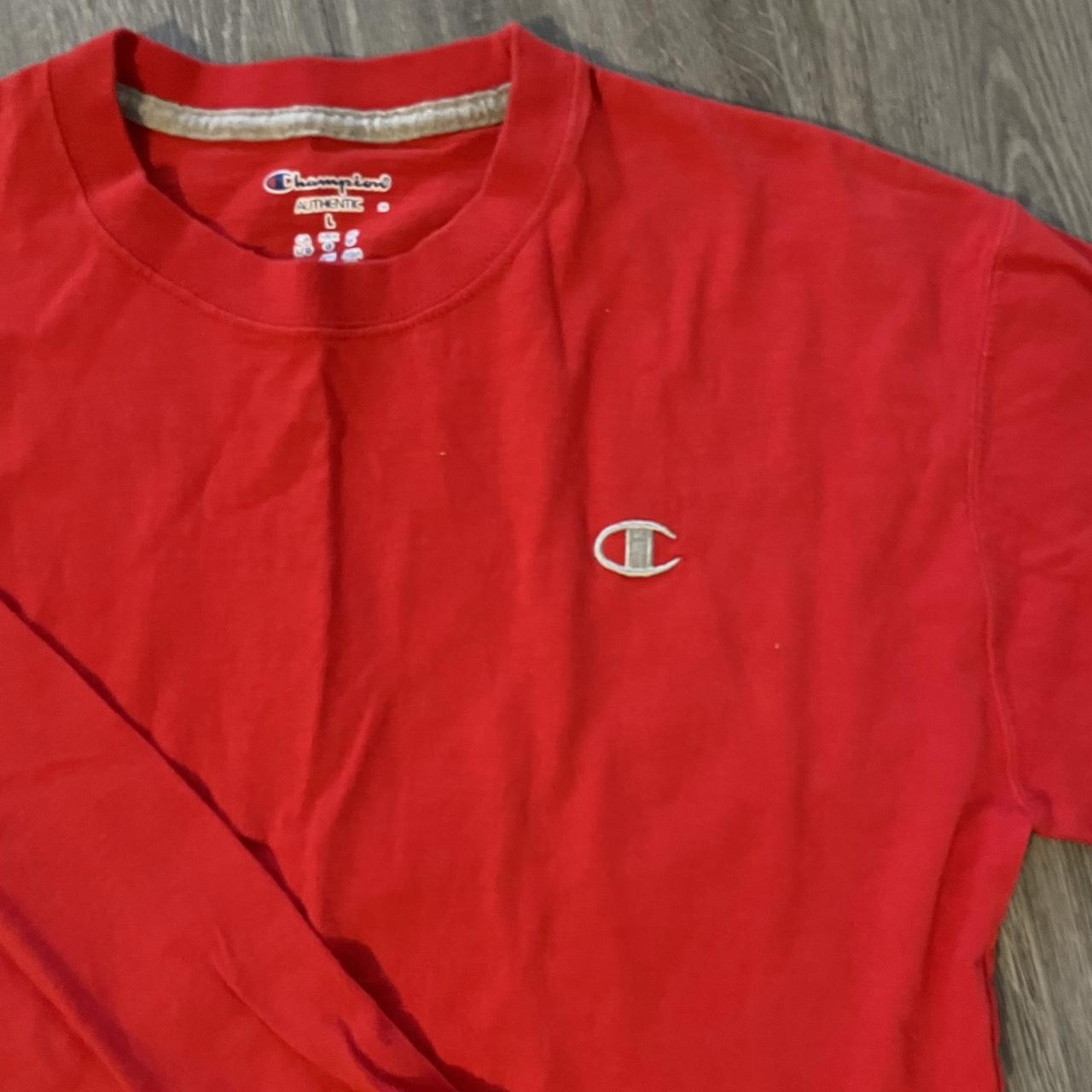 LARGE RED LONG SLEEVE CHAMPION SHIRT - Depop