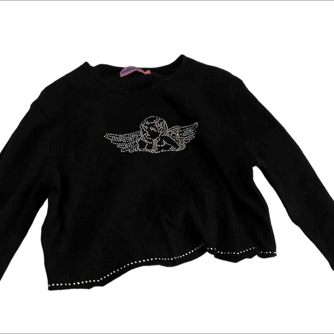 long sleeve black rhinestone crop top size XL ‼️no... - Depop