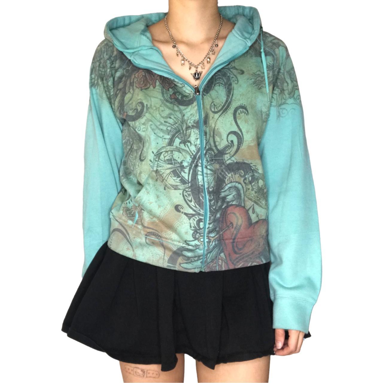 Cyber Y2K Zip Up Hoodie Features abstract heart with... - Depop