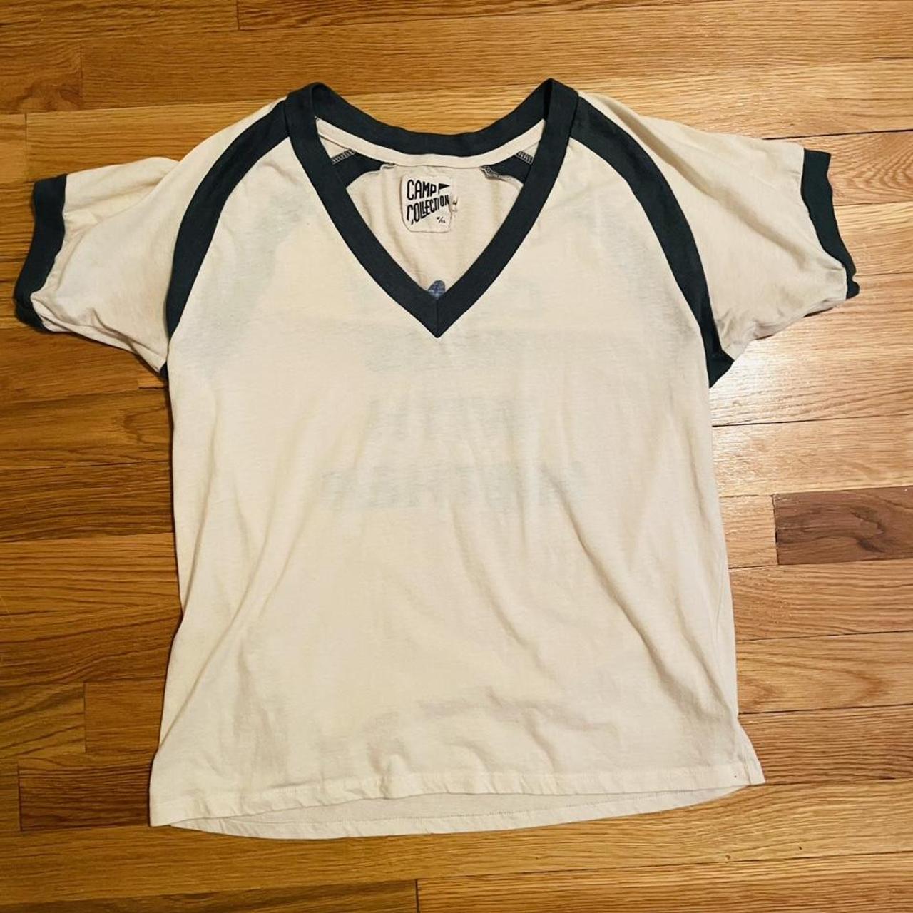 Camp Collection Women's Green and Cream T-shirt | Depop