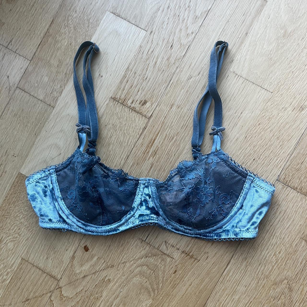 Blue Victoria’s Secret balcony bra. Velvet and lace.... - Depop