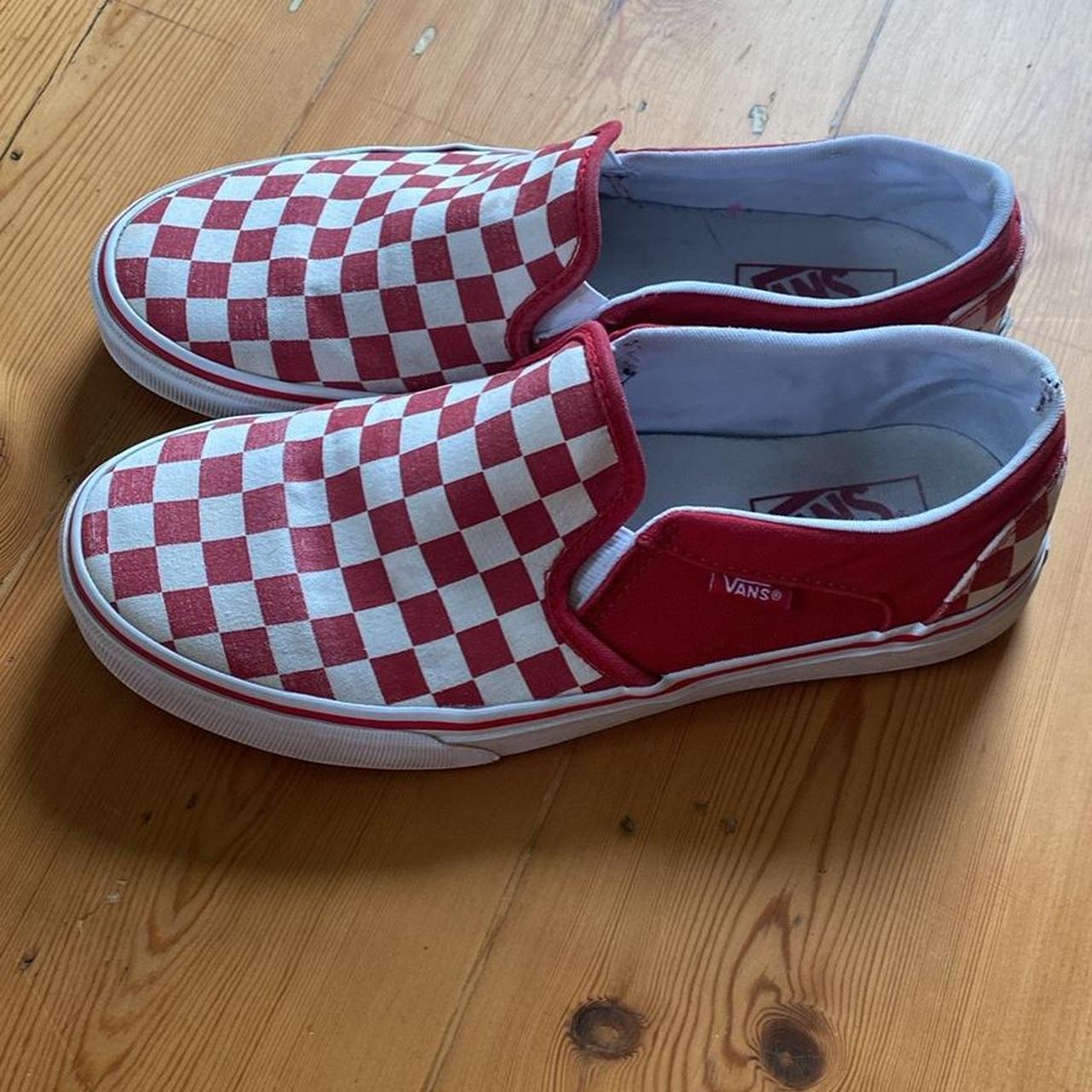 Vans Slip Ons - Checkerboard Tango Red White... - Depop