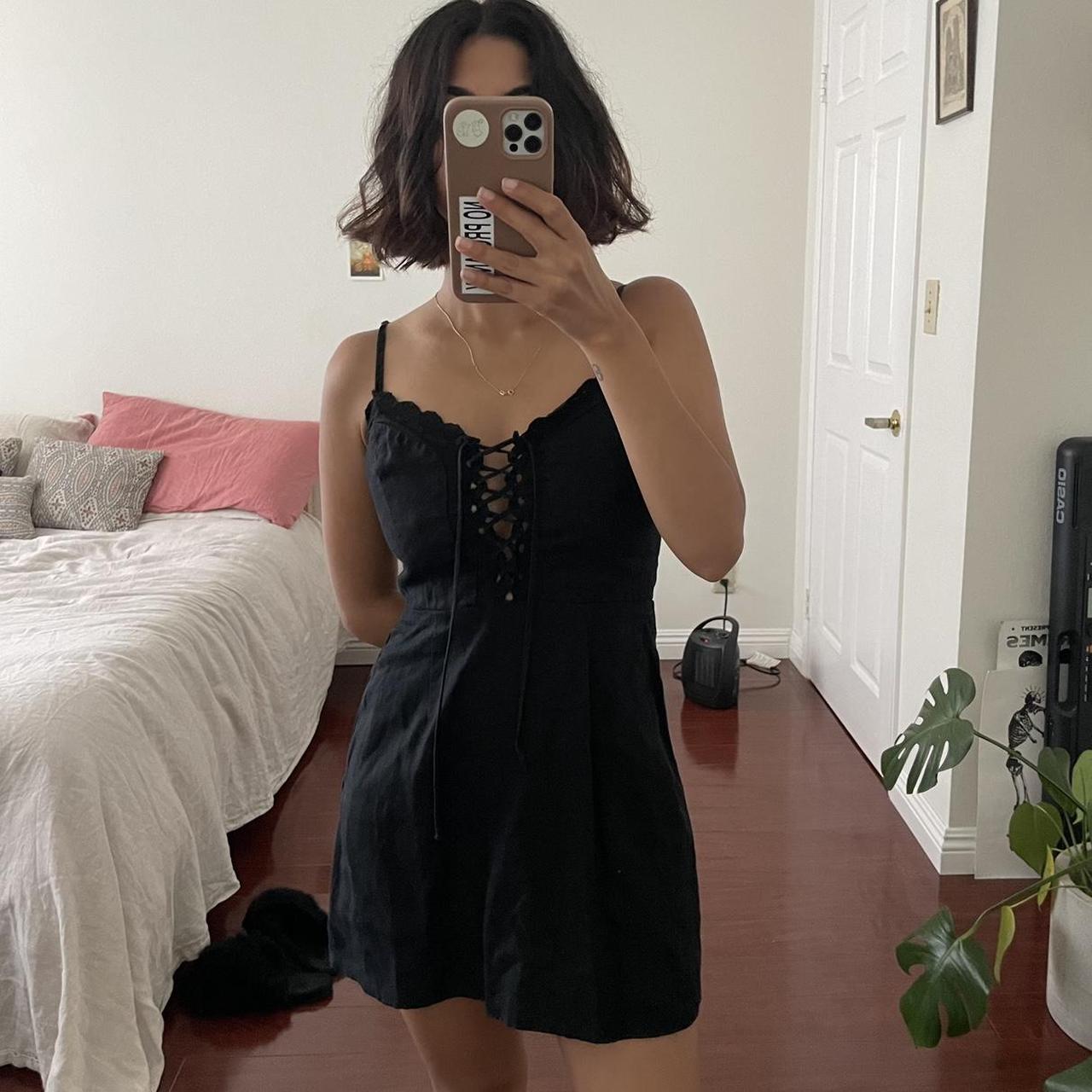 reformation lace up linen dress in black - linen... - Depop