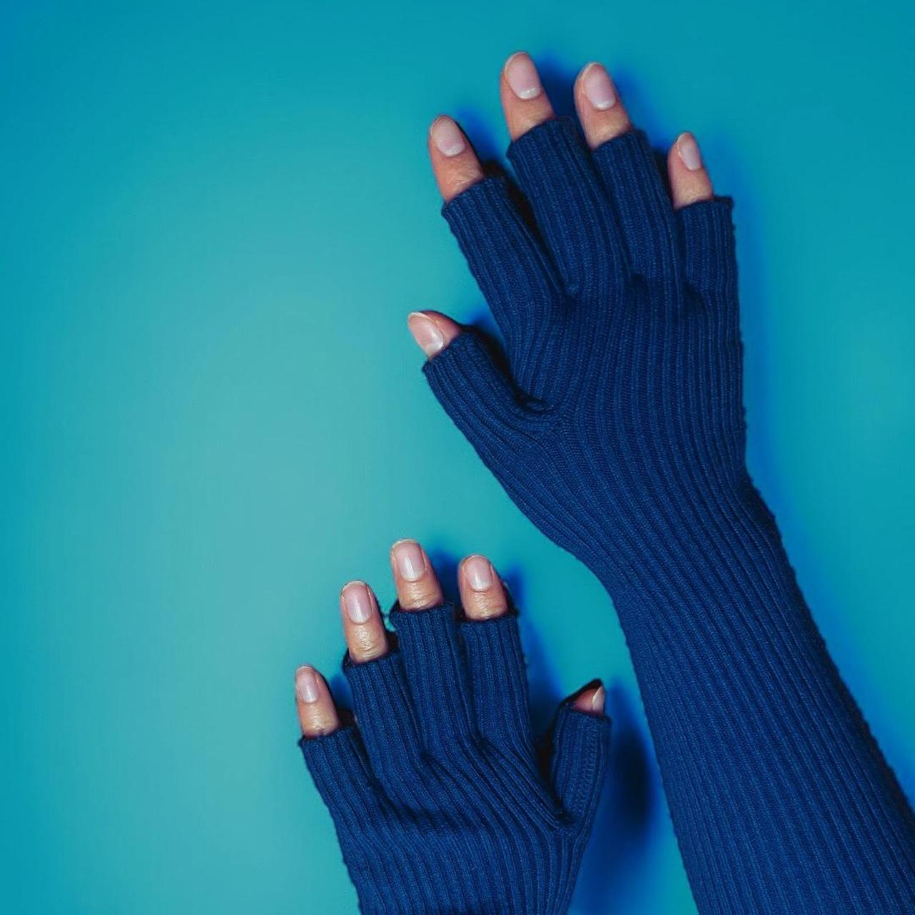 Blue Fingerless Gloves: • length 15in. - Depop