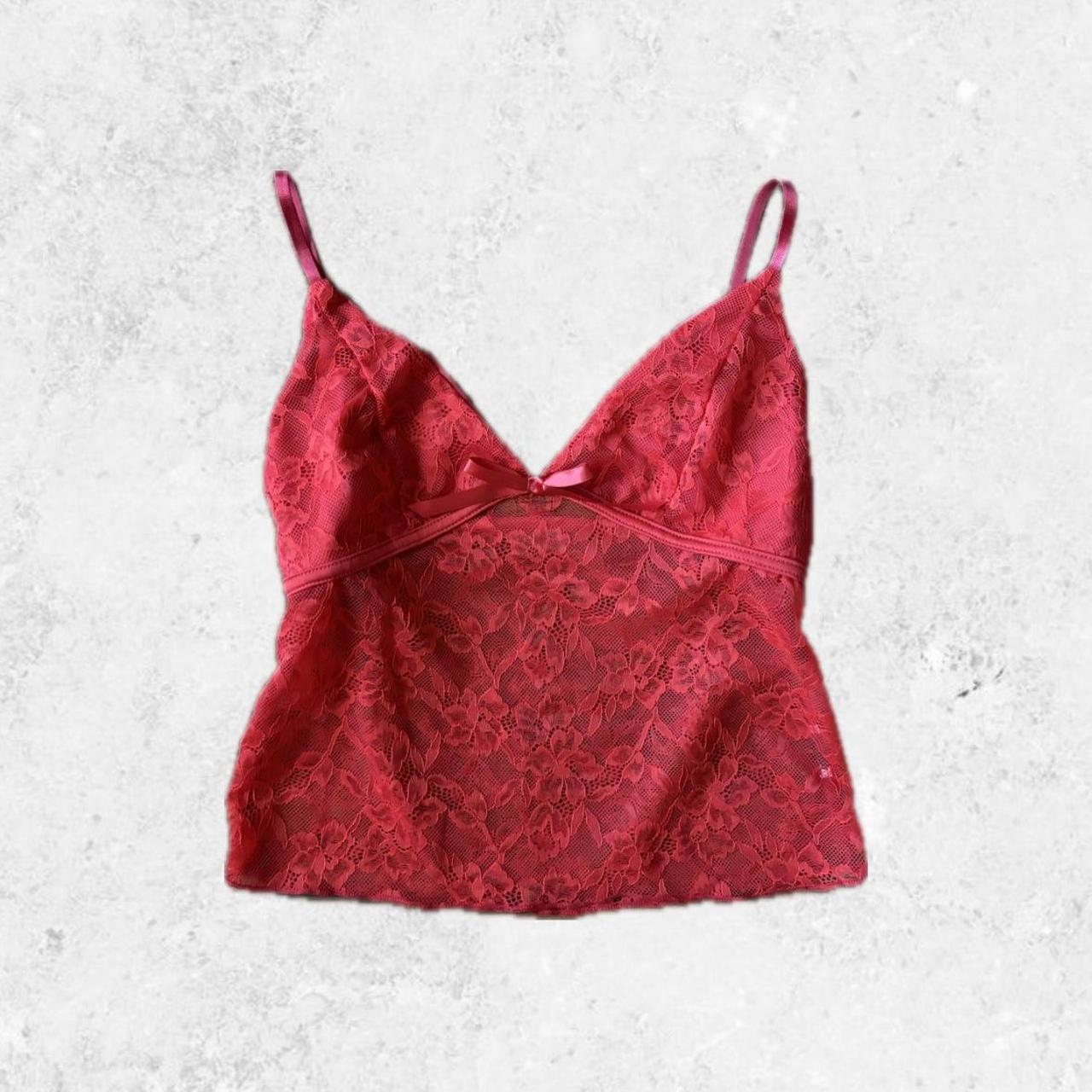Red lace cami top with adjustable straps and a V... - Depop