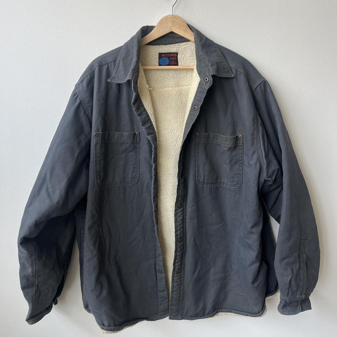 Dark grey button up vintage jacket with sherpa... - Depop