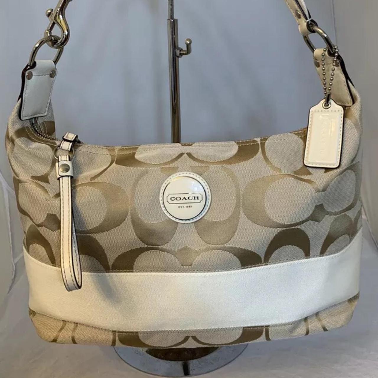 Vintage Coach stripe tan monogram print, hobo... | Depop