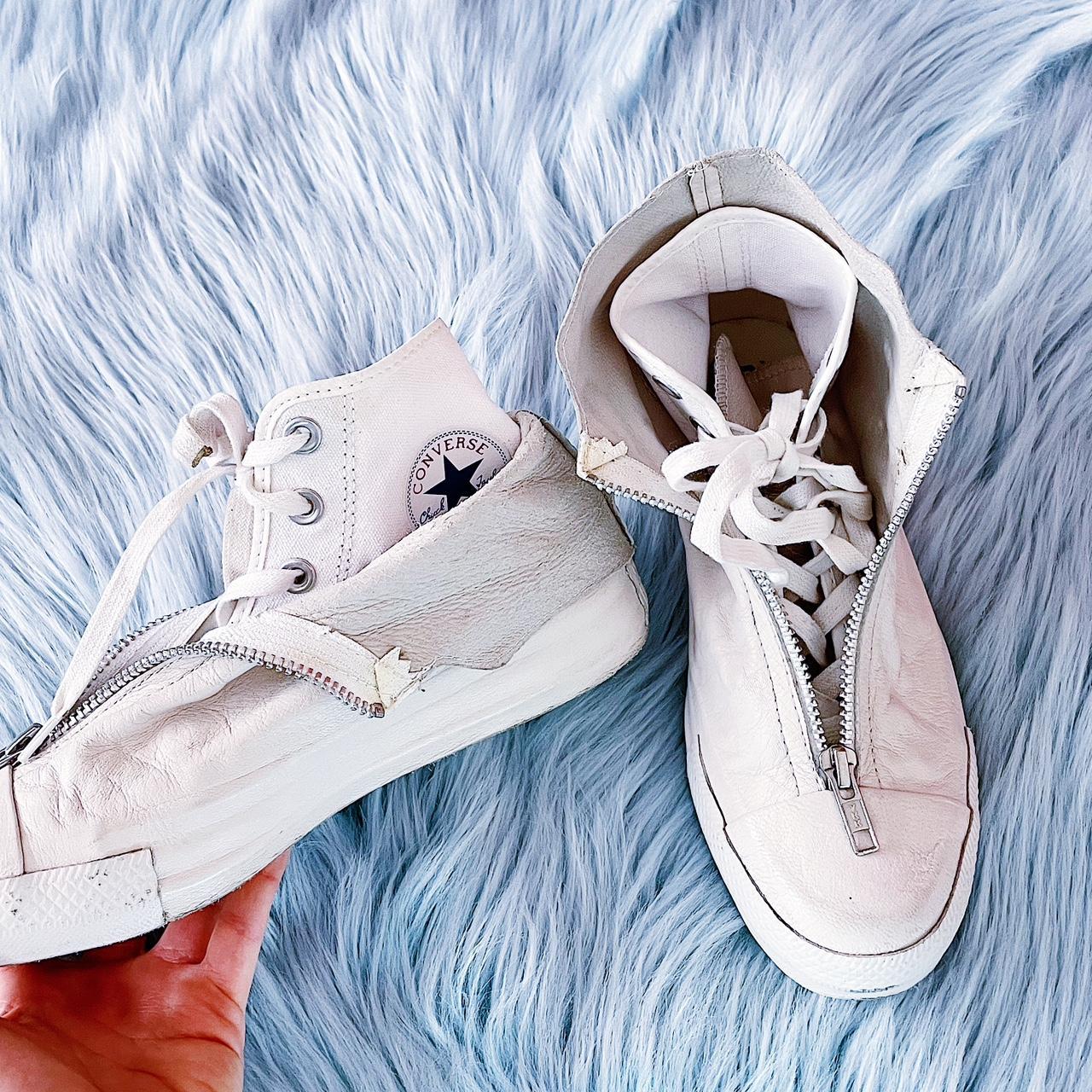 Converse Chuck Taylor white leather Shroud hi top... - Depop