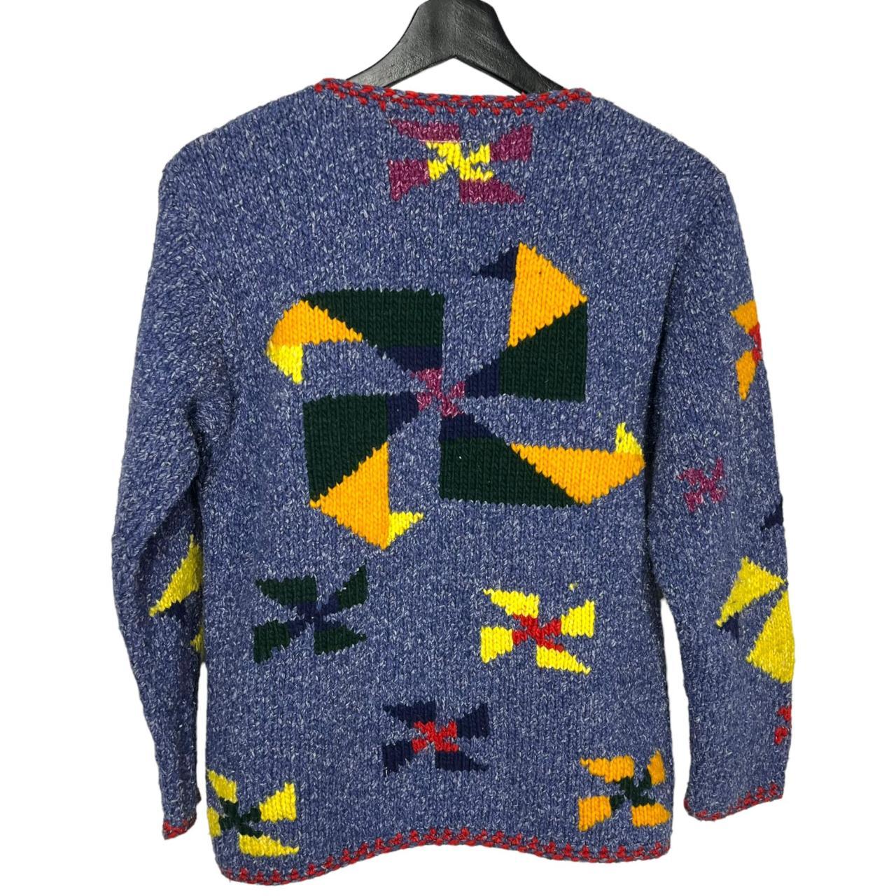 Purple Mountain Blue Windmill Pattern Knit Button Up... - Depop